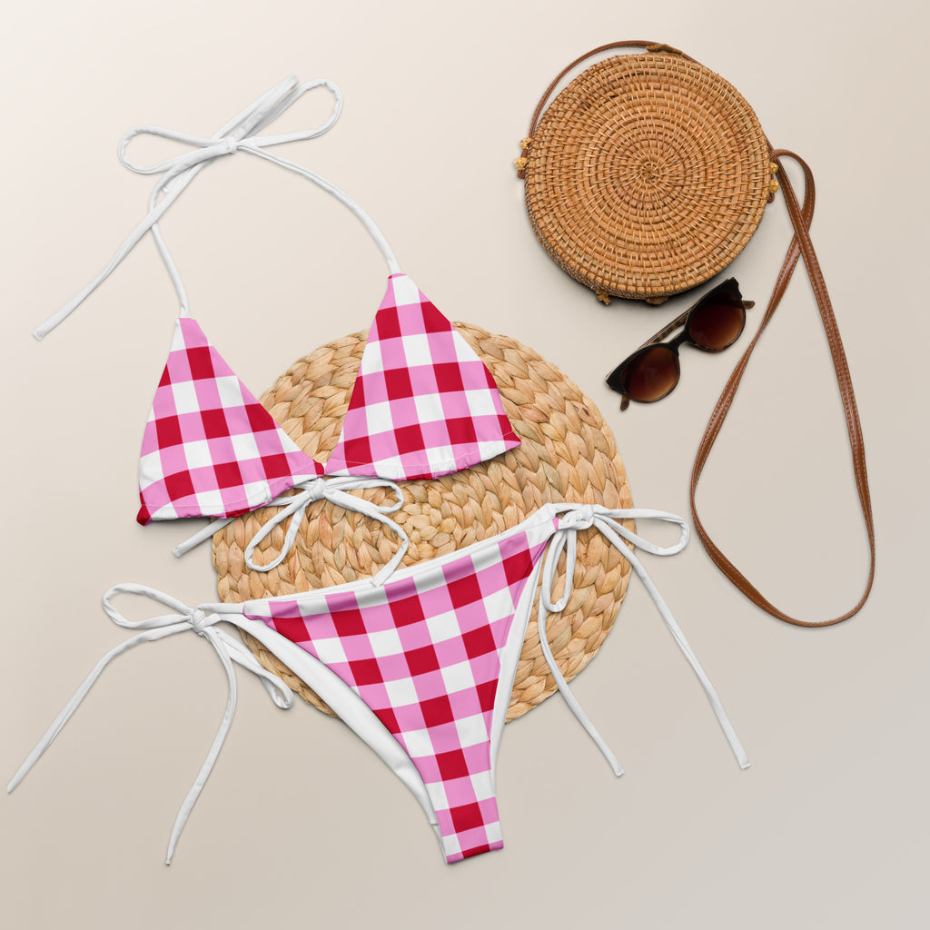 Cherry Red, White and Pink Gingham Gingham String Bikini Swimsuit – Ec – Extremely Stoked