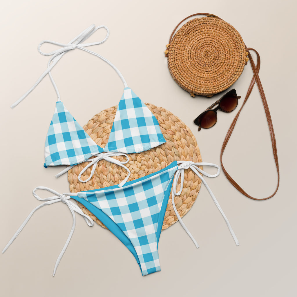 Aqua Blue and White Gingham String Bikini Swimsuit – Extremely Stoked