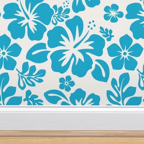 Aqua Blue Hawaiian Flowers on White Wallpaper - Extremely Stoked® Eco