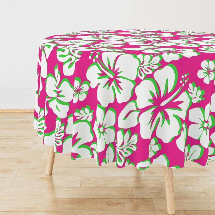 Hot Pink, Lime Green and White Hawaiian Flowers Round Tablecloth - Ext ...