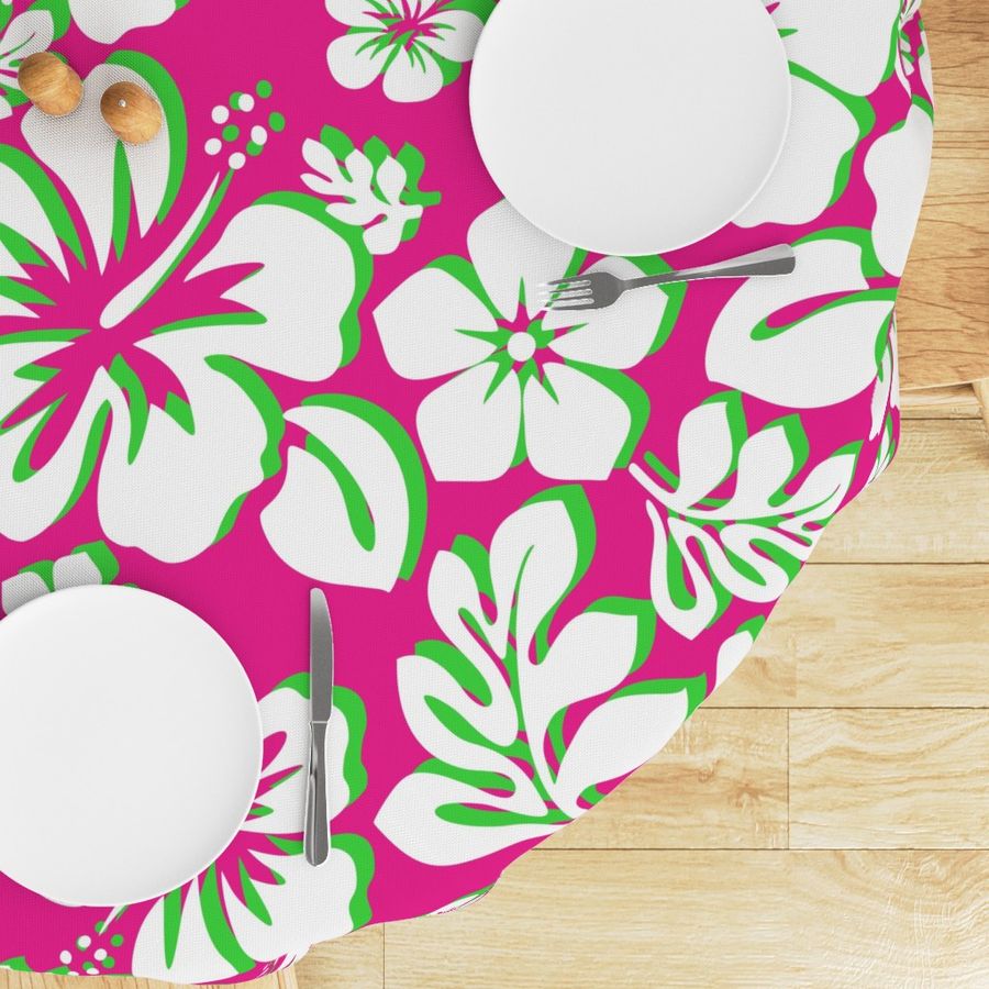 Hot Pink, Lime Green and White Hawaiian Flowers Round Tablecloth - Ext ...