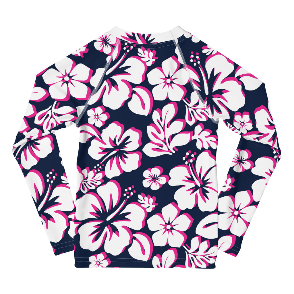 Kids Navy Blue, White and Hot Pink Hawaiian Flowers Rash Guard – Eco S ...