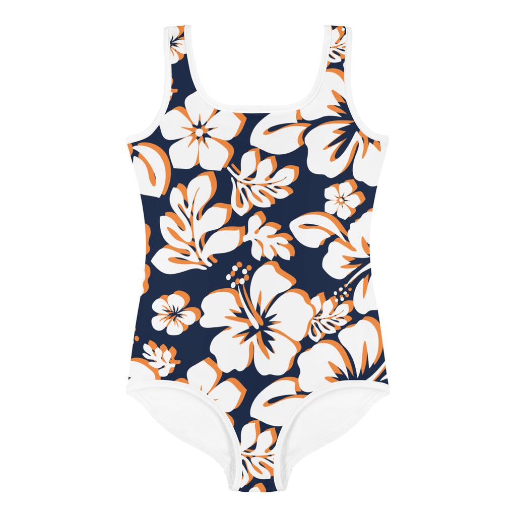 Navy Blue, Orange & White Hawaiian Flowers Little Girls One-Piece ...