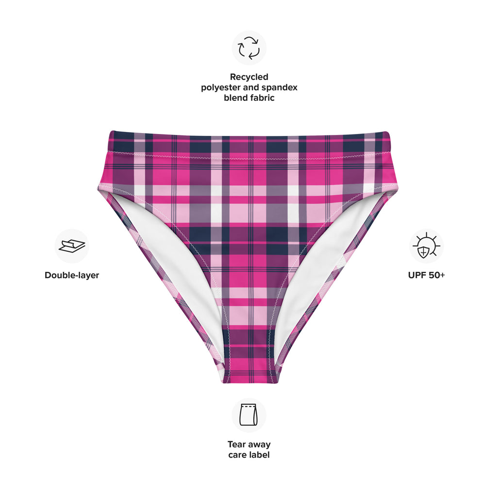 Hot Pink & Navy Blue Surfer Plaid High Waisted Bikini Bottom | Eco ...