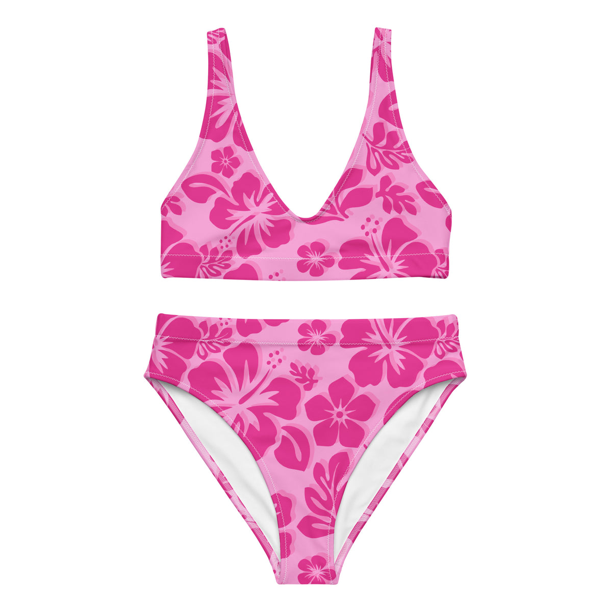 White Hawaiian Flowers on Pink High Waisted Bikini – Extremely Stoked