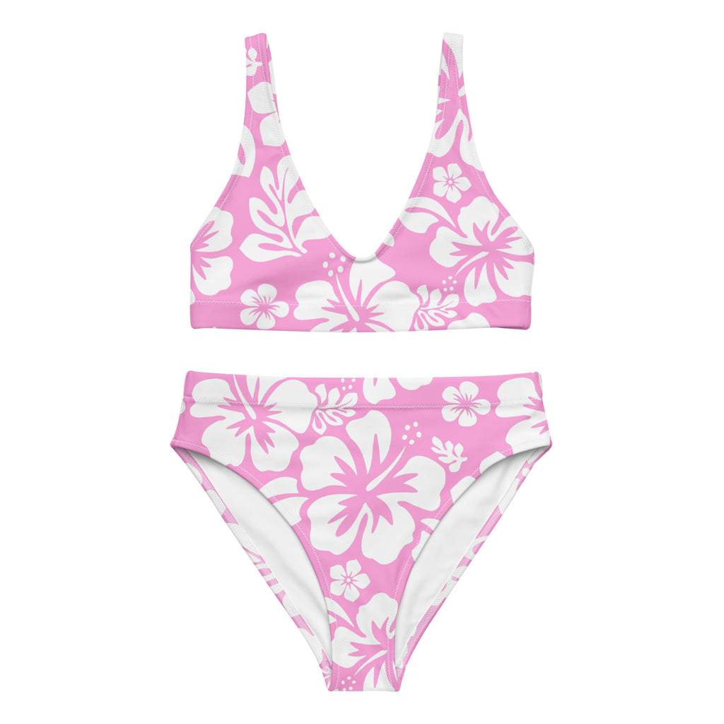 White Hawaiian Flowers on Pink High Waisted Bikini – Extremely Stoked