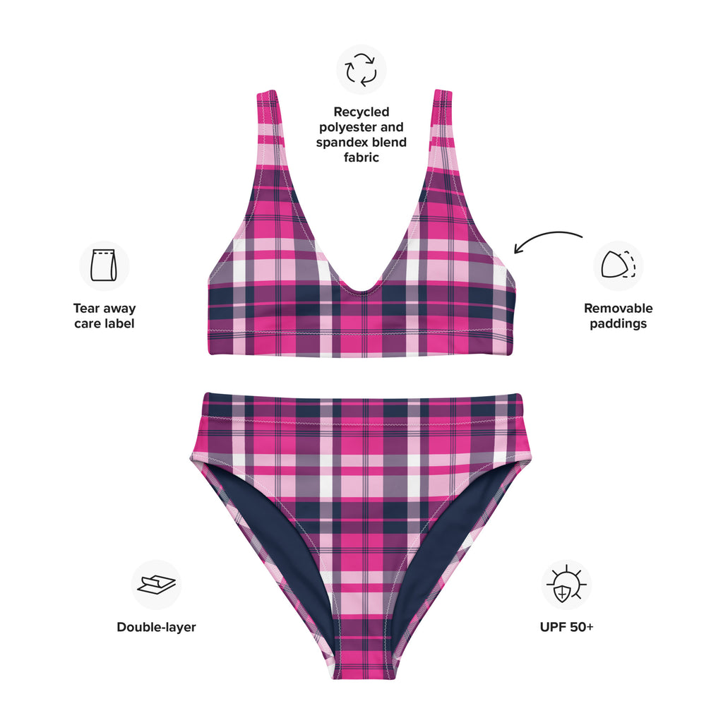 Hot Pink and Navy Blue Preppy Surfer Girl Plaid High Waisted Bikini ...