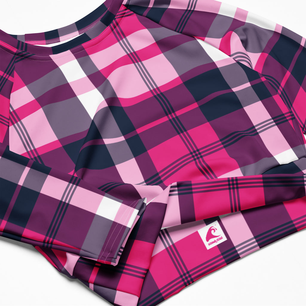 Hot Pink and Navy Blue Preppy Surfer Plaid Long Sleeve Crop Top - Eco ...