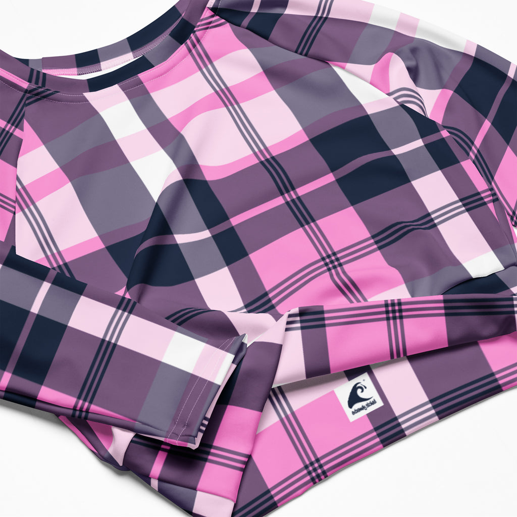 Pink and Navy Blue Preppy Surfer Plaid Long Sleeve Crop Top - Eco Swim ...
