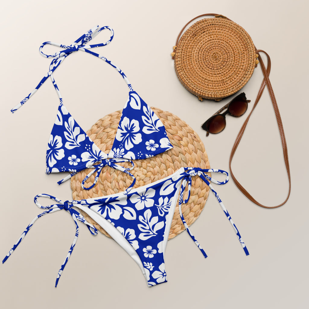 White Hawaiian Flowers on Royal Blue String Bikini – Eco Swimwear by E ...