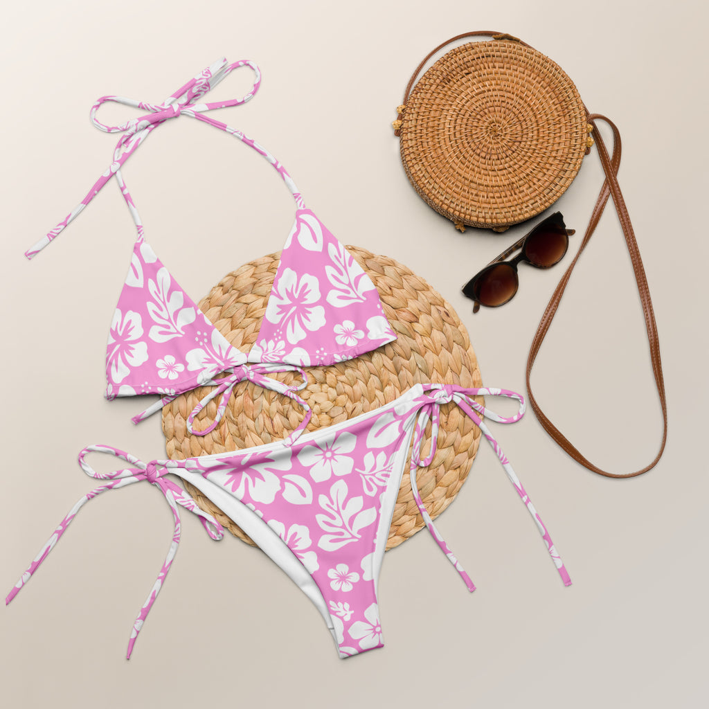 White Hawaiian Flowers on Pink String Bikini – Extremely Stoked