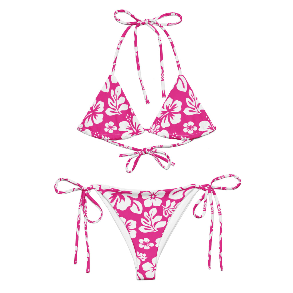 White Hawaiian Flowers on Hot Pink String Bikini – Eco Swimwear by Ext ...