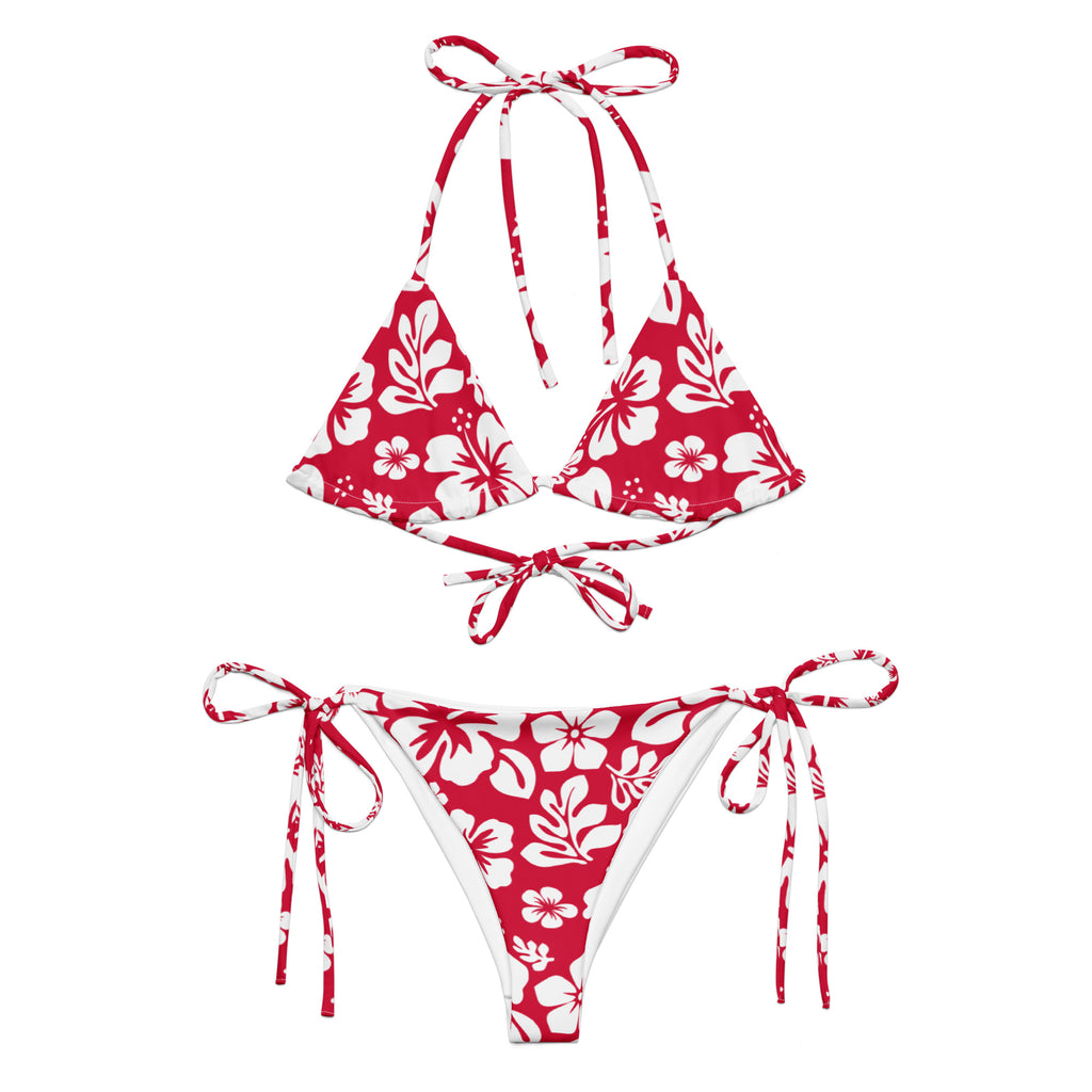 White Hawaiian Flowers On Red String Bikini Eco Swimwear By Extremel Extremely Stoked