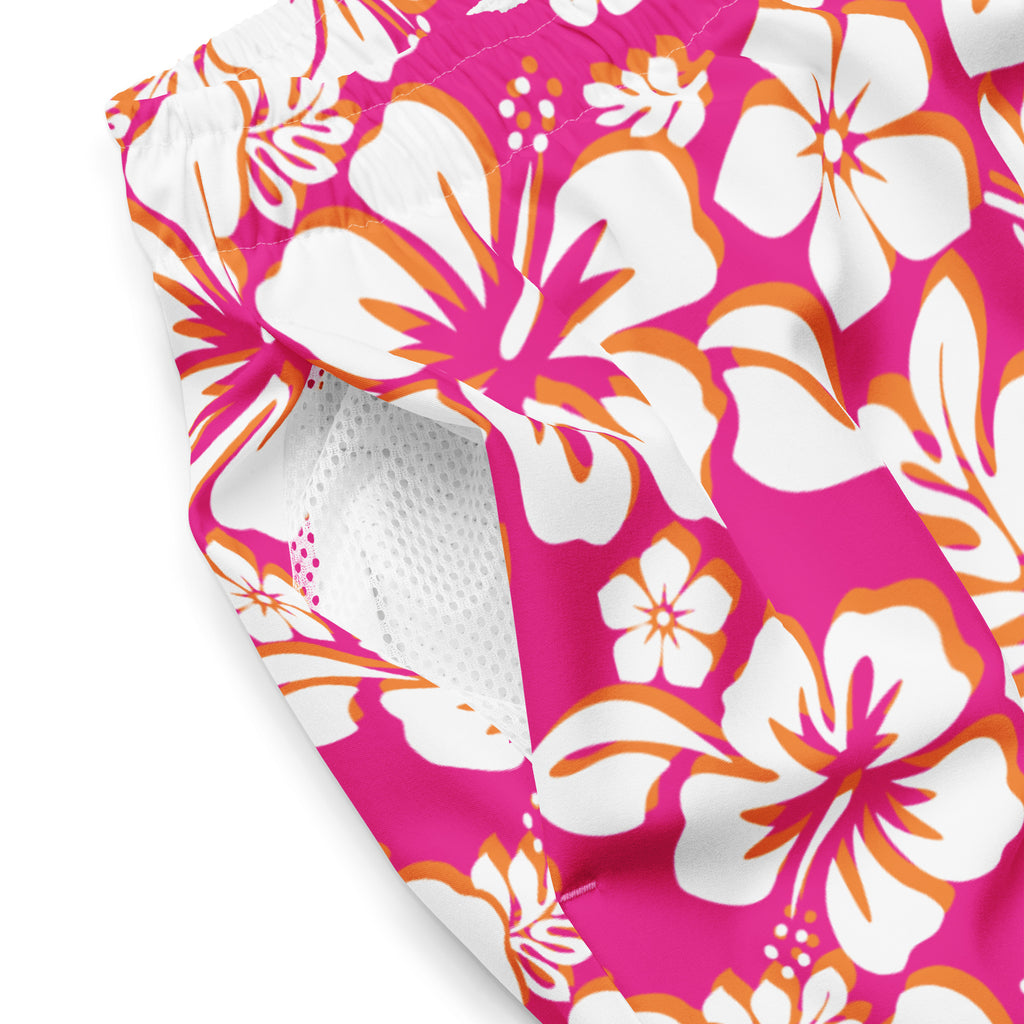 White and Orange Hawaiian Flowers on Hot Pink Men’s Swimsuit – Eco Swi ...