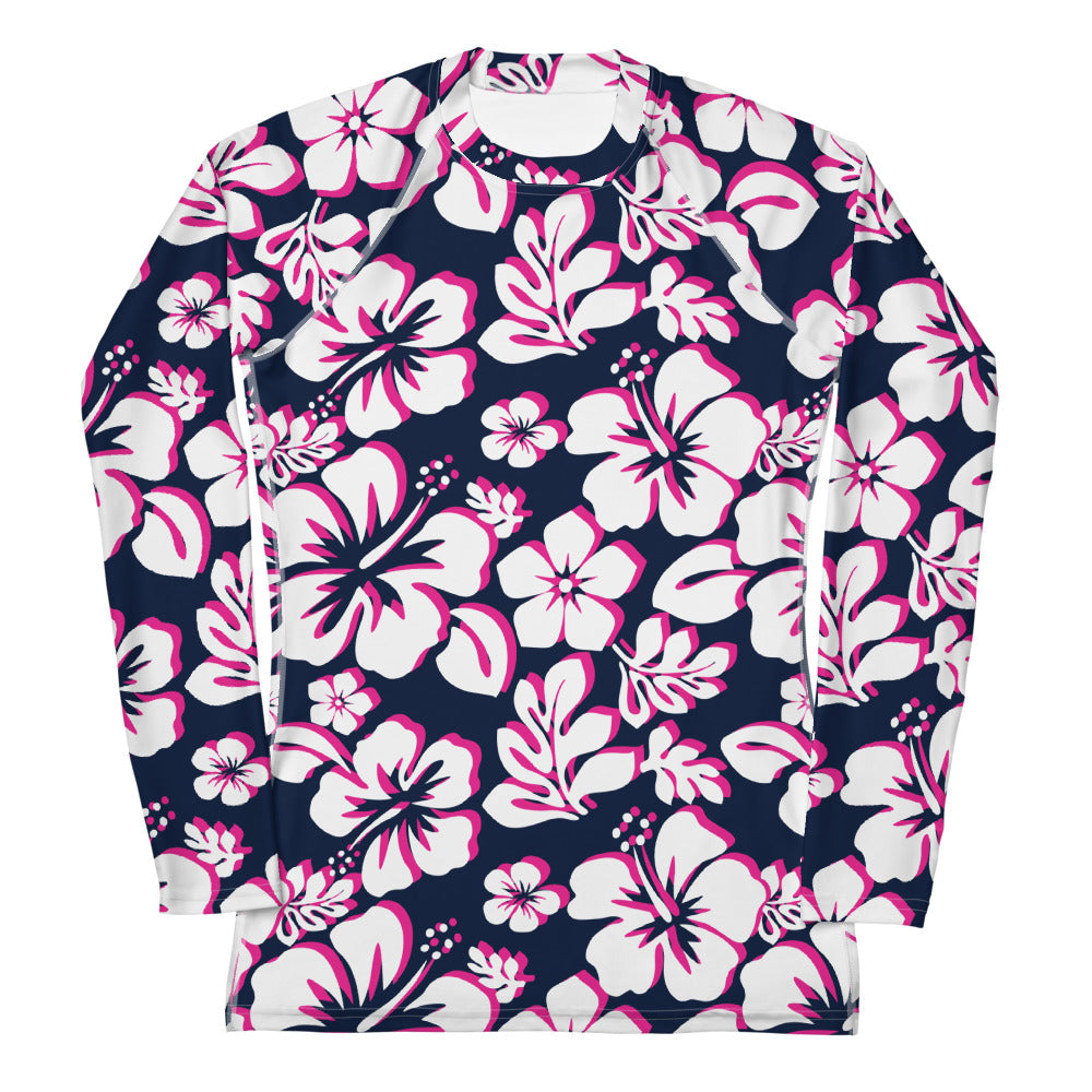 Navy Blue, Hot Pink and White Hawaiian Print Women's Rash Guard ...