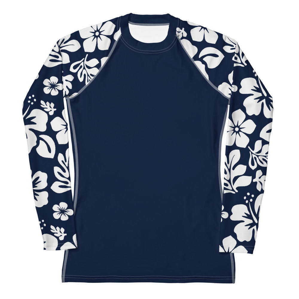Women's Navy Blue Rash Guard Hawaiian Print Sleeves – Eco Swim Shirt ...