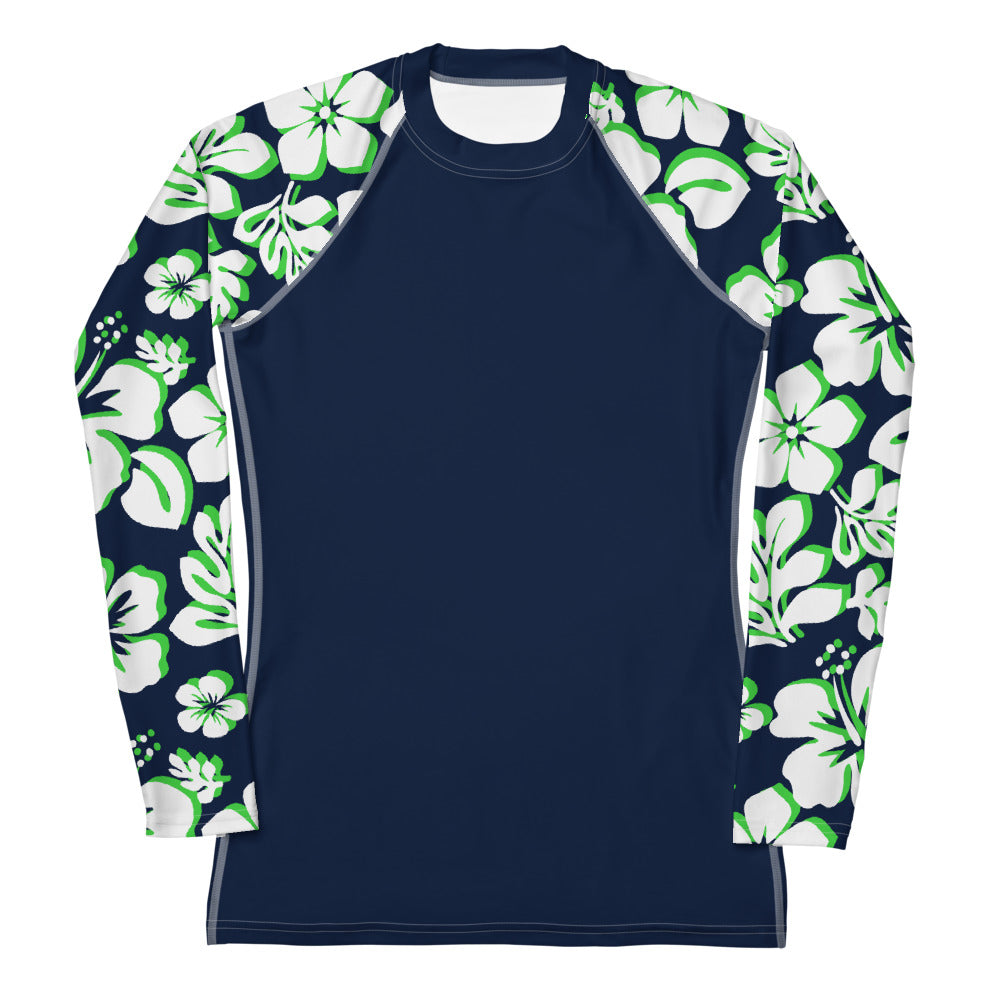 Women's Navy Blue Rash Guard with Navy, White & Lime Green Hawaiian ...