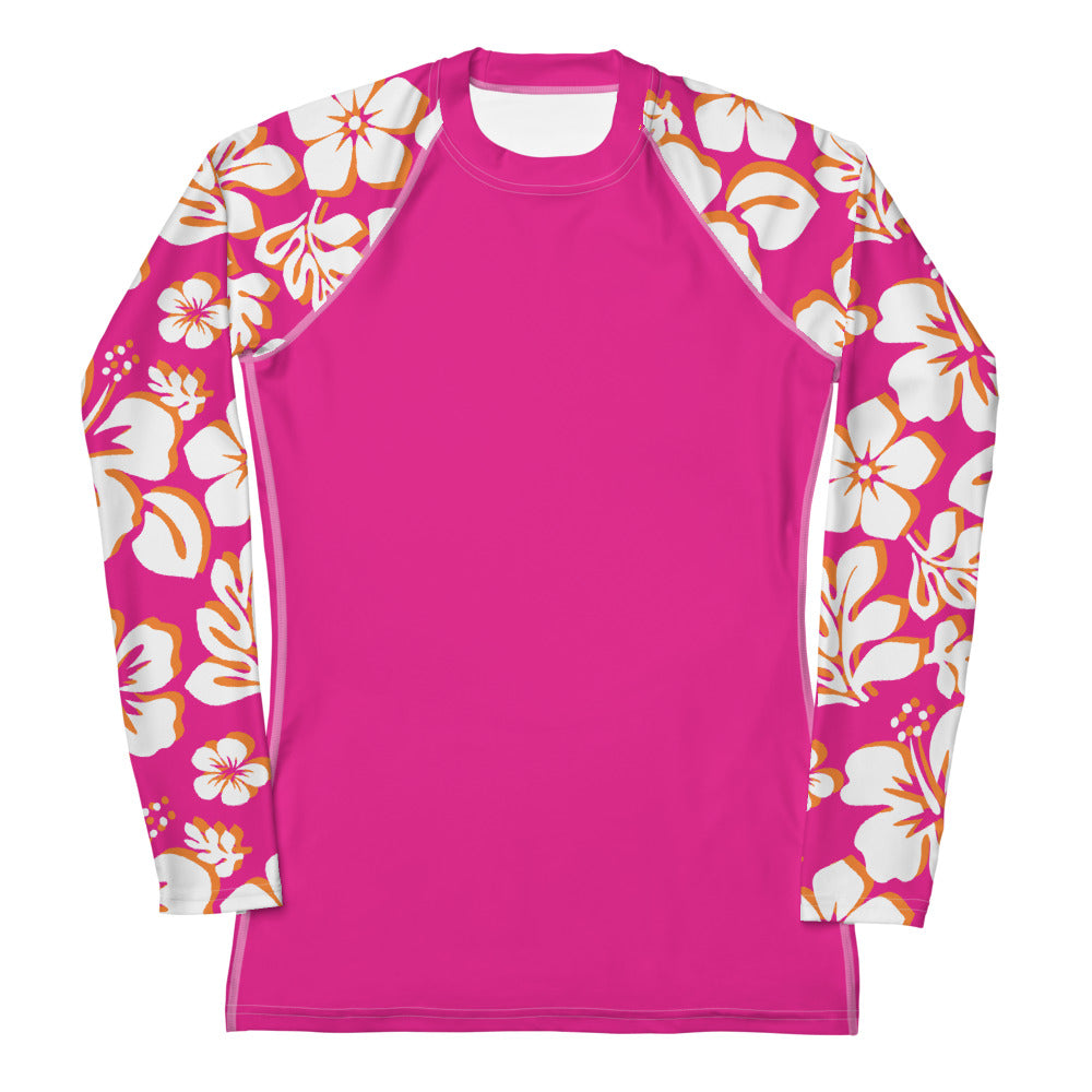 Hot Pink Women's Rash Guard with White, Hot Pink and Orange Hawaiian P ...