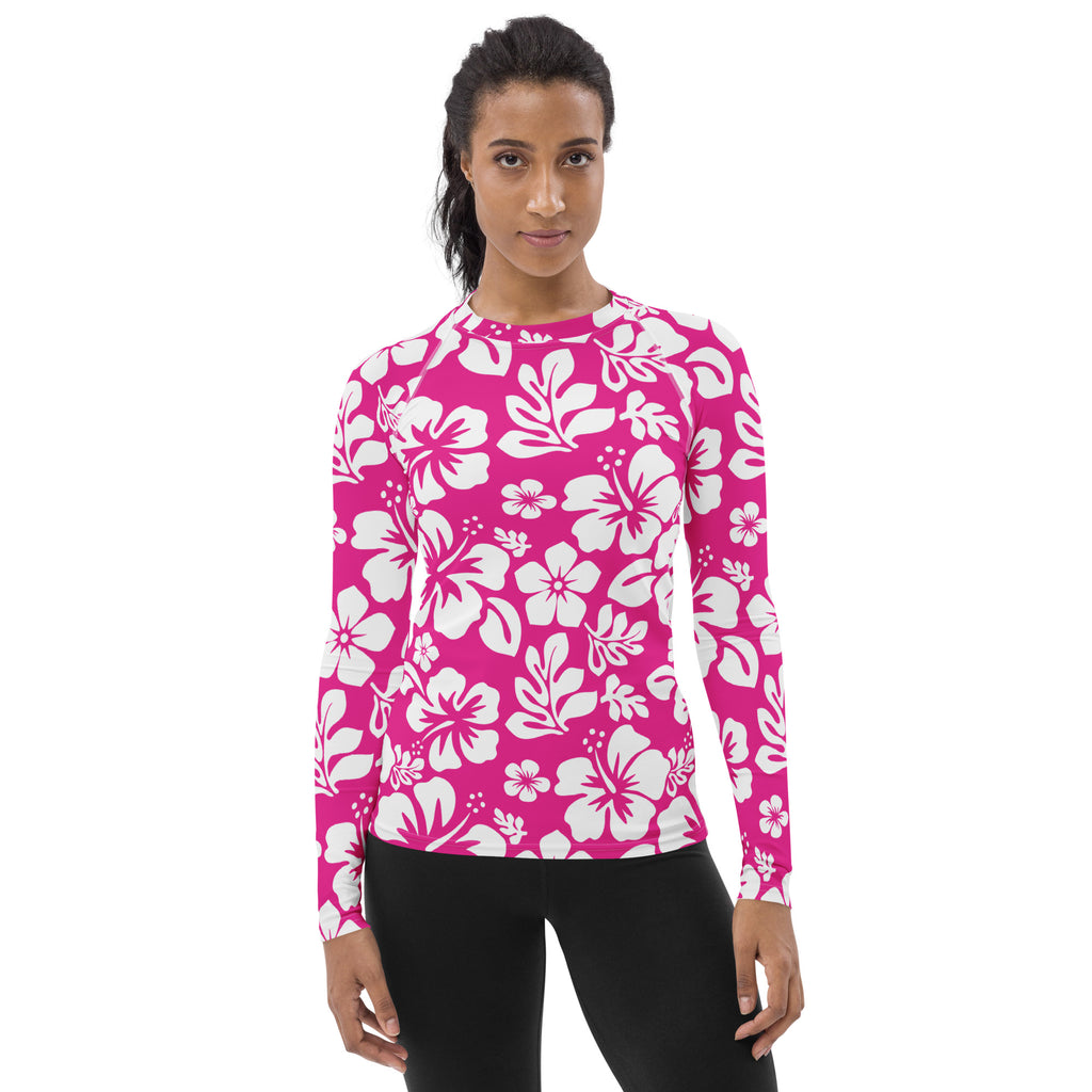 Hot Pink and White Hawaiian Flowers Print Women's Rash Guard ...