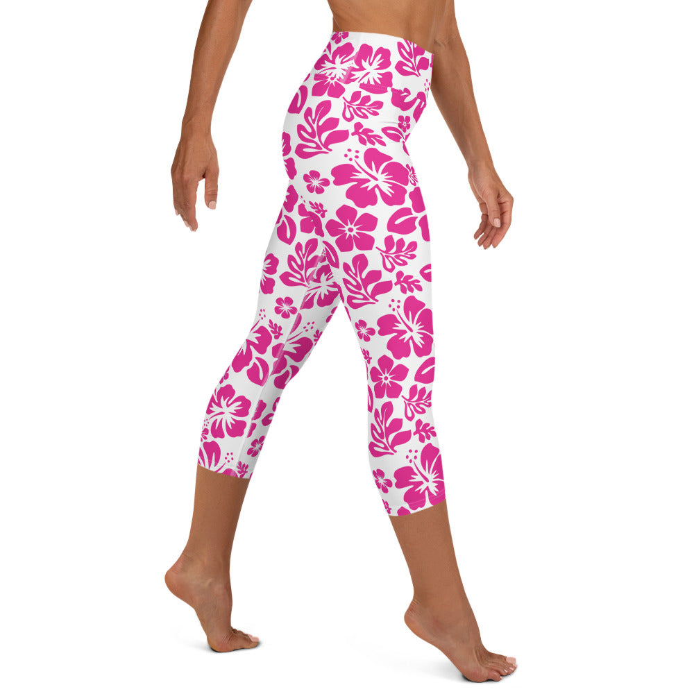White & Hot Pink Hawaiian Capri Yoga Leggings | Extremely Stoked® Eco ...