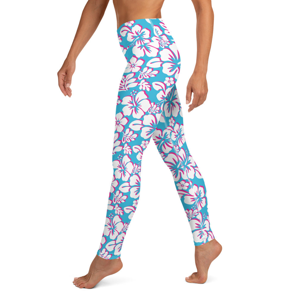 Aqua Blue, White & Hot Pink Hawaiian Yoga Leggings | Extremely Stoked®