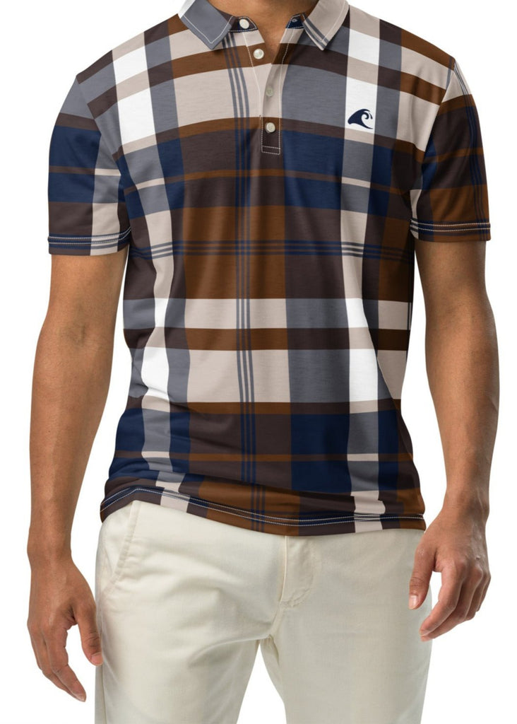 Slim Fit Men’s Surfer Plaid Polo Shirt – Navy Blue and Brown ...