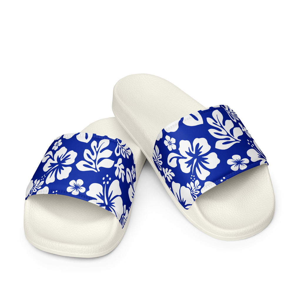 Royal Blue and White Hawaiian Flowers Men’s Slides Sandals – Extremely ...