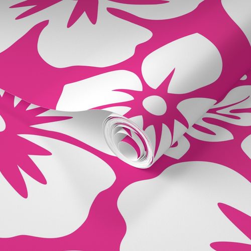 White Hawaiian Flowers on Hot Pink Wallpaper - Extremely Stoked® Eco B
