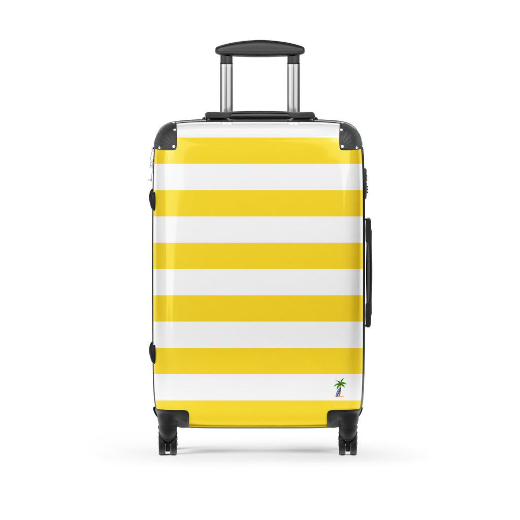 Yellow & White Beach Stripes Suitcase with Palm Tree Surfboard Logo ...